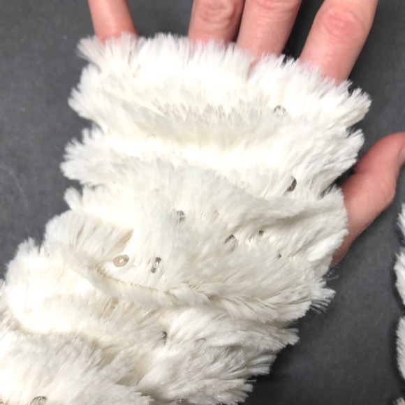 Hand Crafted | Accessories | White Fuzzy Hand Warmers Sequin Fur Wrist ...